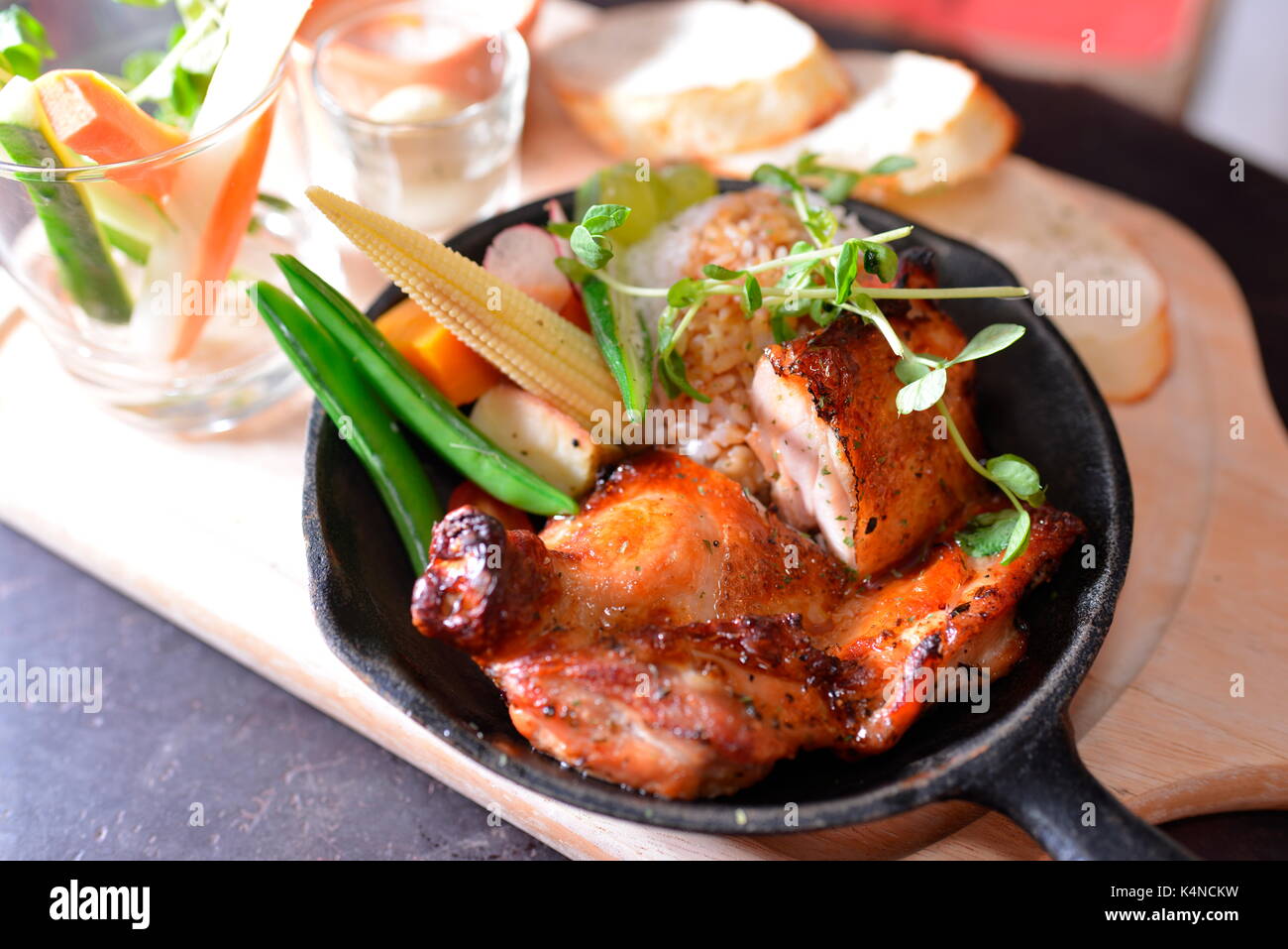 fried chicken rice and bread Stock Photo - Alamy