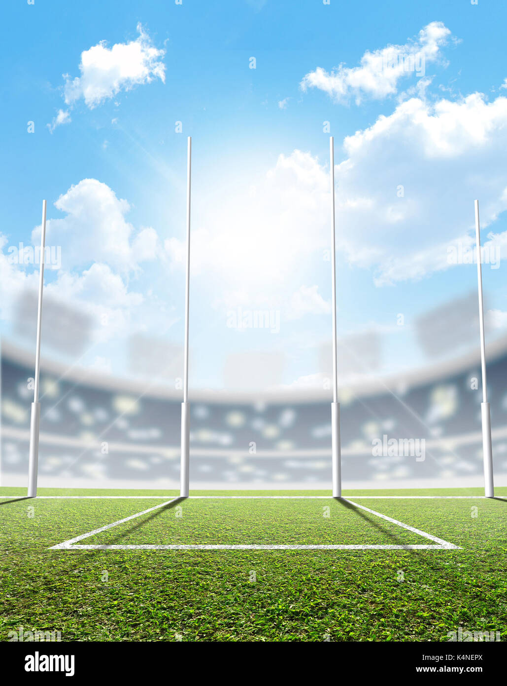 An aussie rules football stadium with a marked green grass pitch and ...