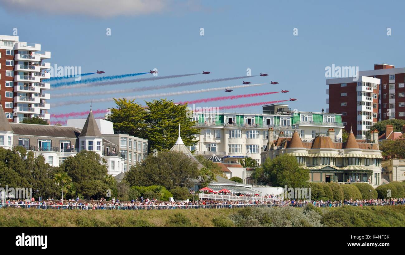 Red Arrows flying in formation over East Cliff at Bournemouth Air ...