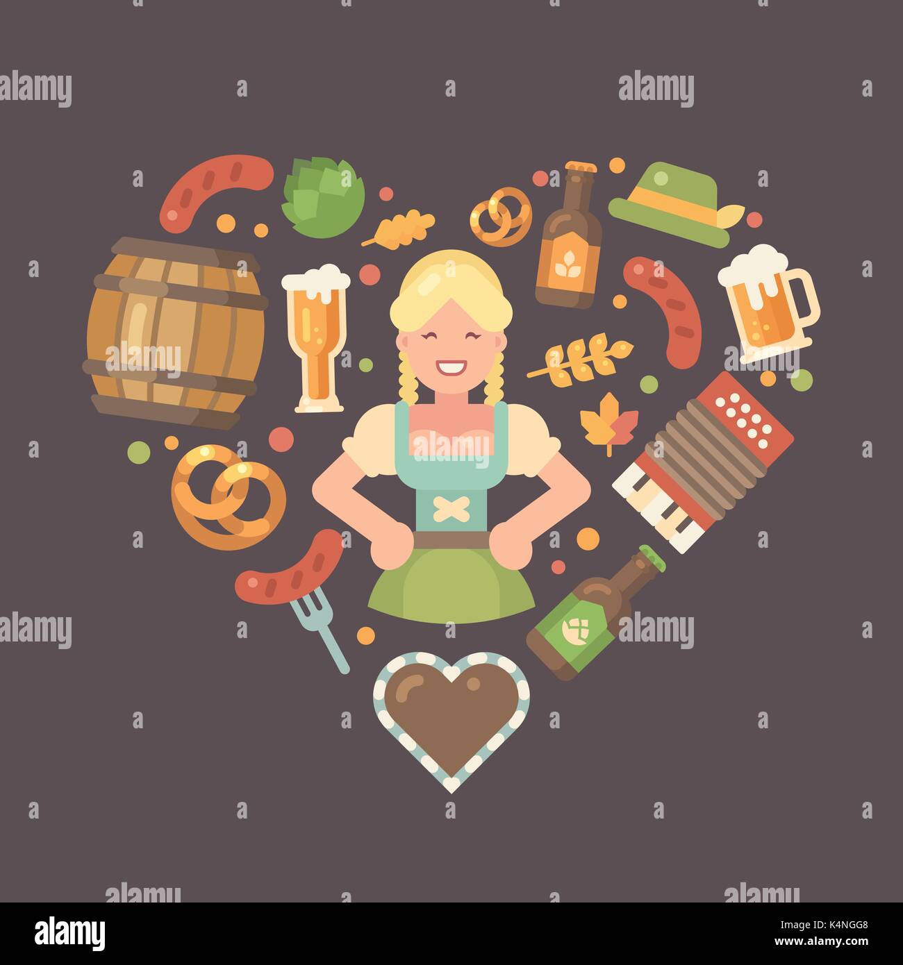 Oktoberfest flat icons arranged into heart around beer maid in dirndl ...