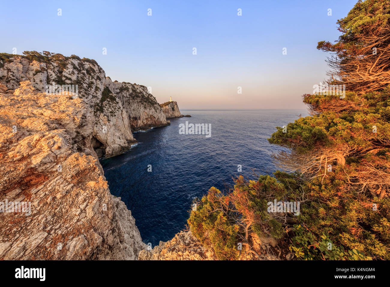 Lighthouse during sunrise. Cape Doukato, Lefkada island, Greece Stock ...