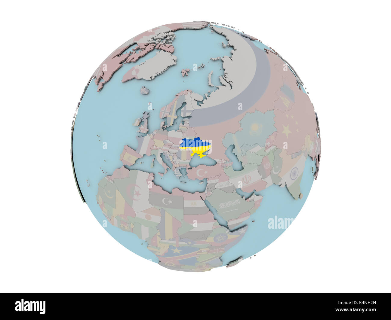 Ukraine on political globe with embedded flags. 3D illustration ...