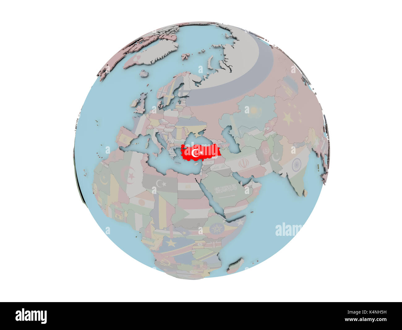 Turkey on political globe with embedded flags. 3D illustration isolated ...