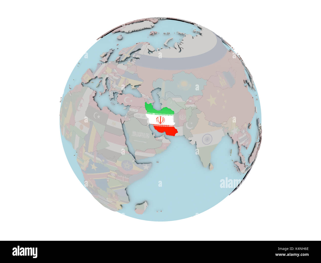 Iran on political globe with embedded flags. 3D illustration isolated ...