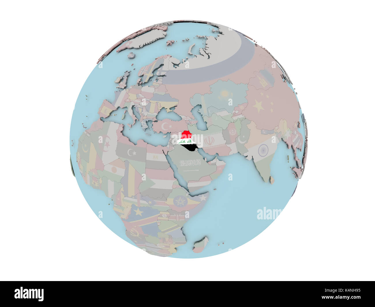 Iraq on political globe with embedded flags. 3D illustration isolated ...