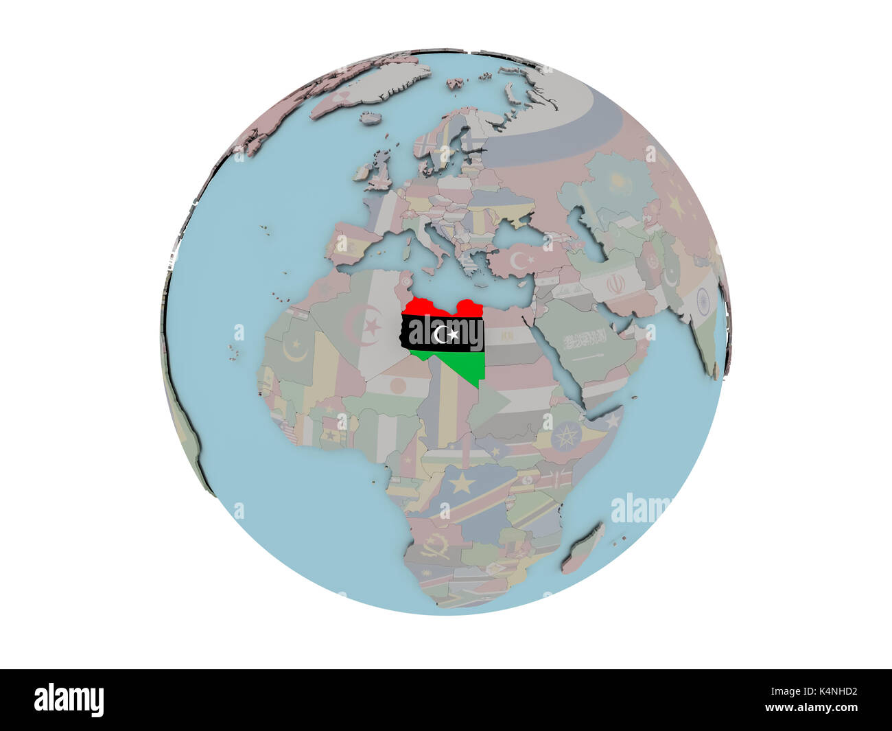 Libya on political globe with embedded flags. 3D illustration isolated ...