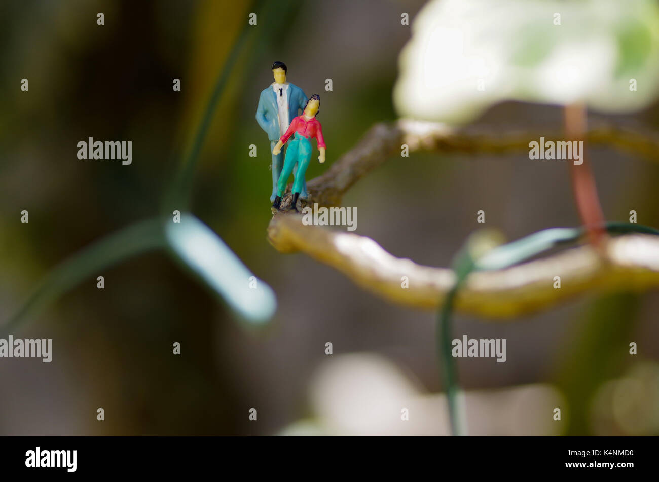 Miniature little people couple at outdoors, walking in a branch in a ...
