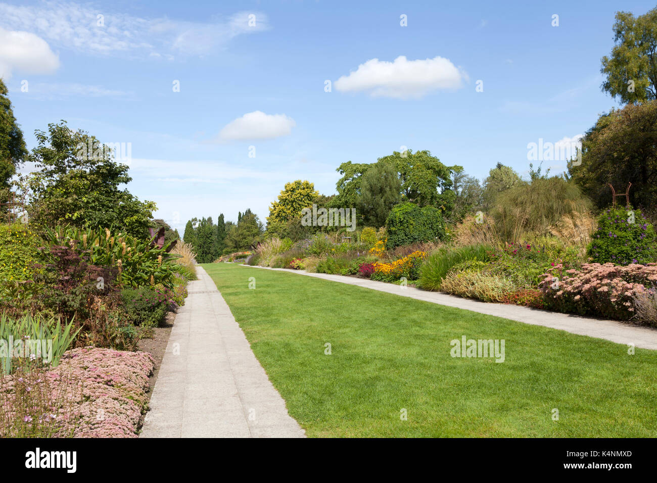 Colourful garden with a wide walking path between flowers in bloom ...