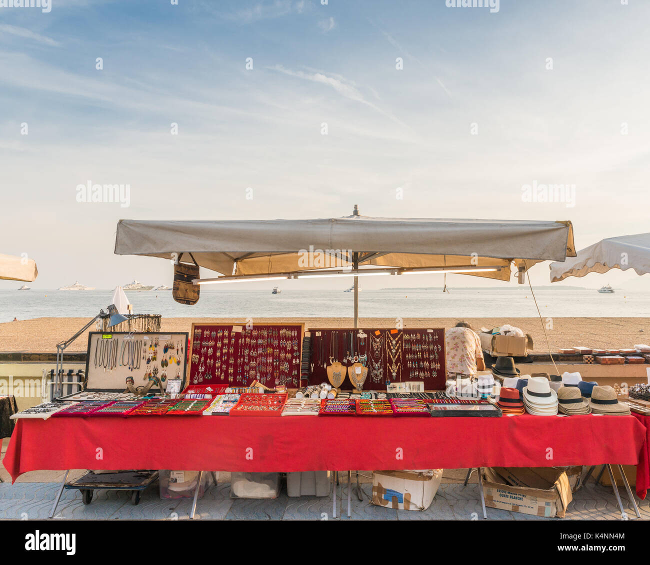 Souvenir stalls along the beach in Juan les Pins, Cote d'Azur, France ...