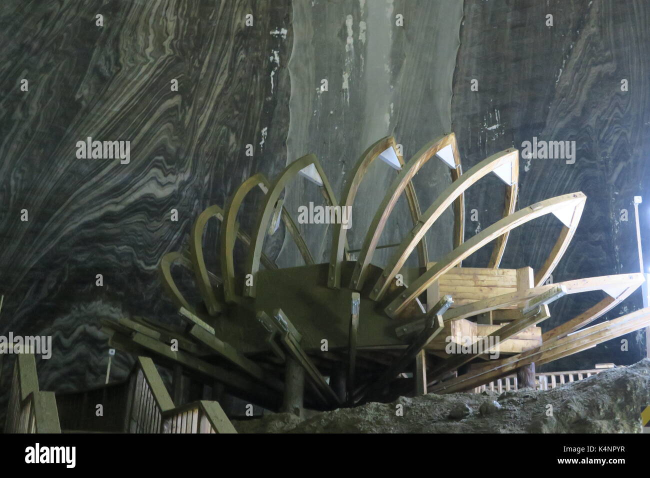 Interior of Turda salt mine, Romania. Wooden construction Stock Photo ...