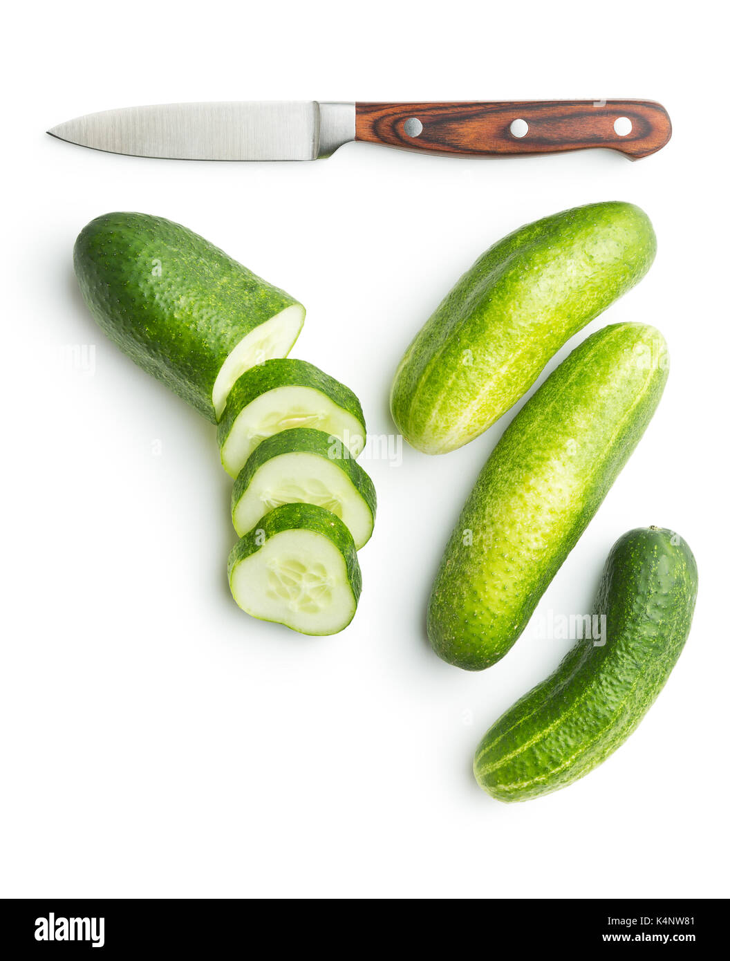 Fresh sliced cucumber isolated on white background. Cucumber and knife ...