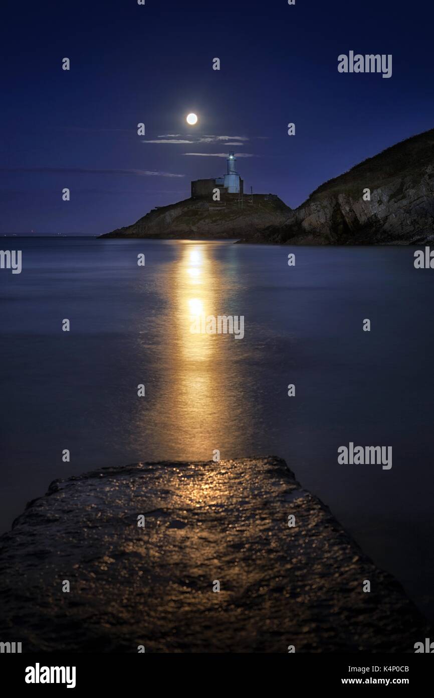Moonlit Mumbles Lighthouse Stock Photo - Alamy