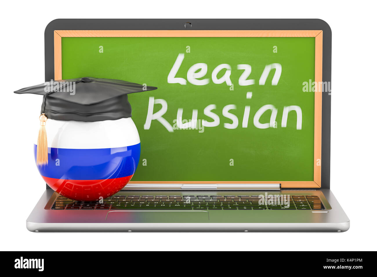 Learn Russian concept with laptop blackboard and graduation cap, 3D ...