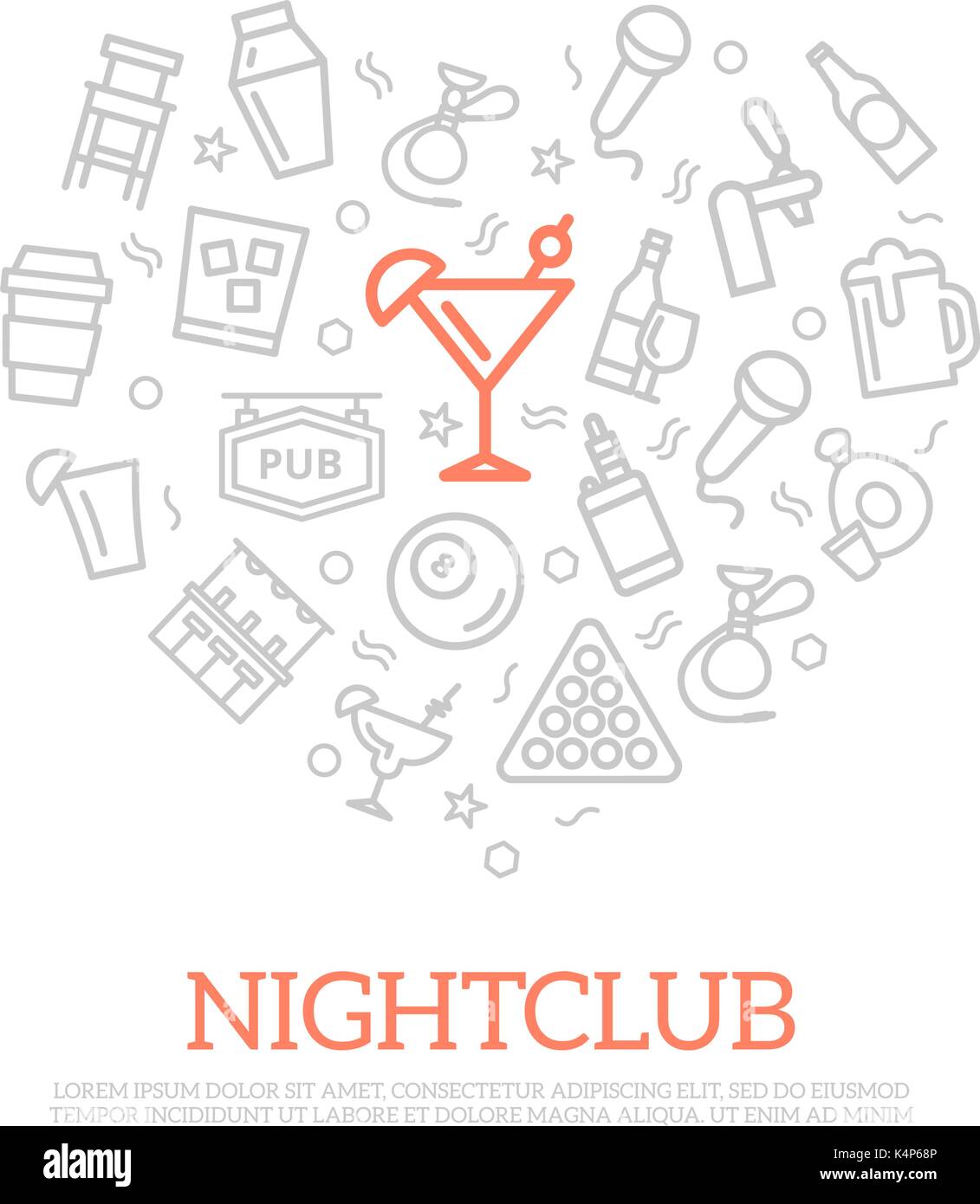 Vector night club thin line icons in heart shape design concept ...