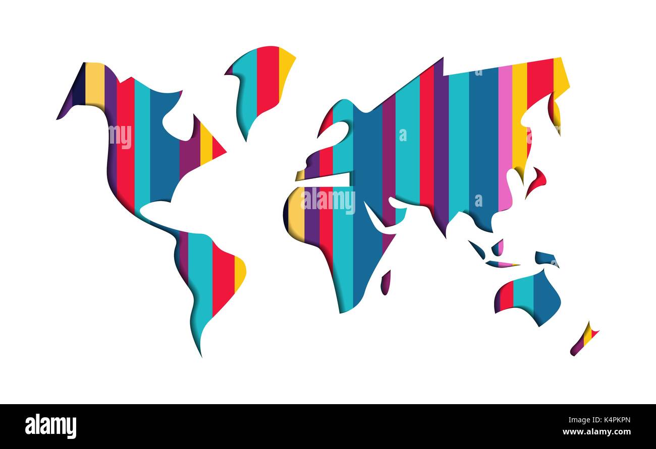 World map shape illustration in modern 3d paper cut art style. Colorful ...
