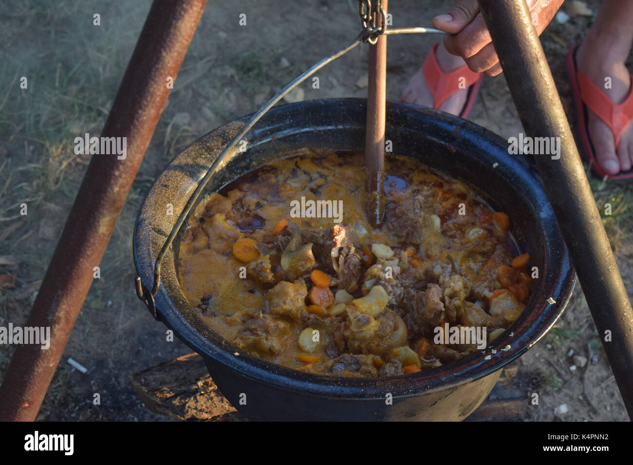 Juicy bubbling stew in a large pot cooking outdoors Stock Photo - Alamy