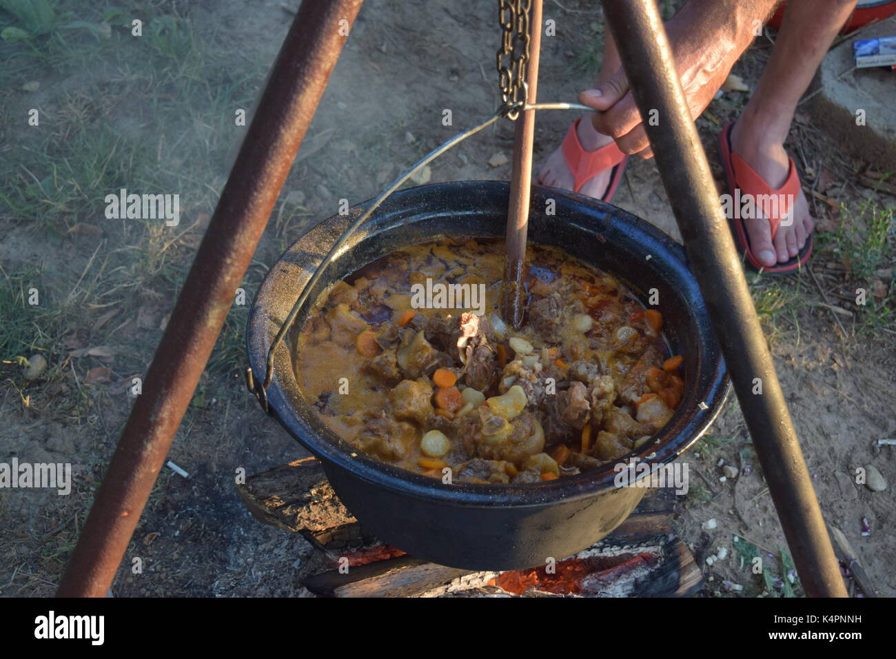 Juicy bubbling stew in a large pot cooking outdoors Stock Photo - Alamy