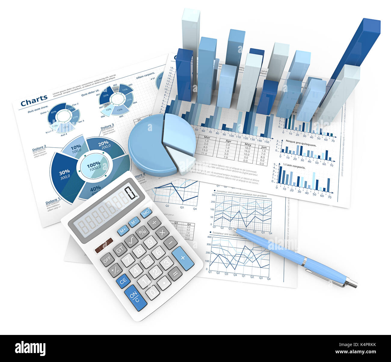 3d Illustration of Financial documents 3D graphs and pie charts. Pen ...