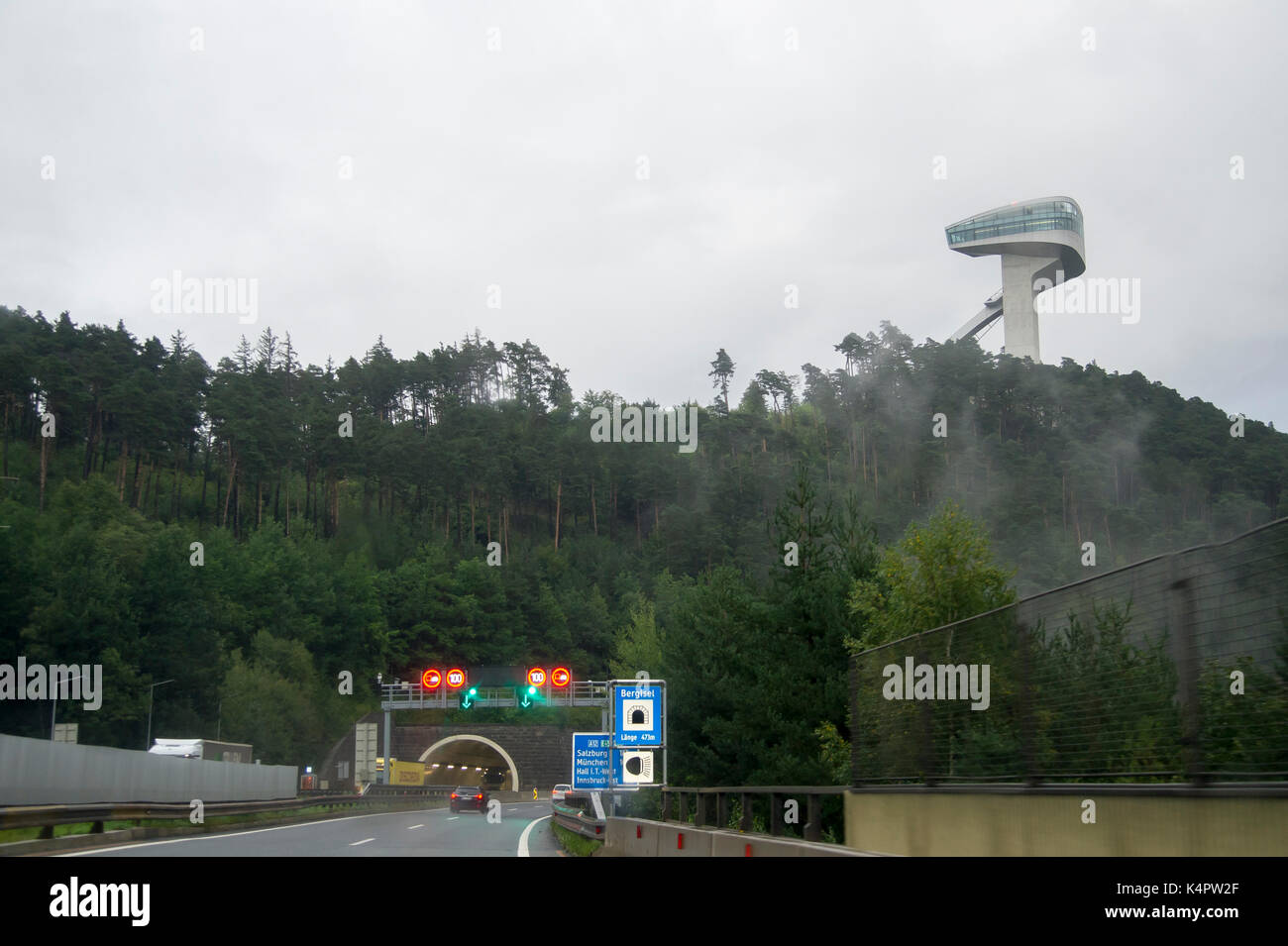 Bergisel Ski Jump designed by Zaha Hadid seen from A13 Brenner Autobahn ...
