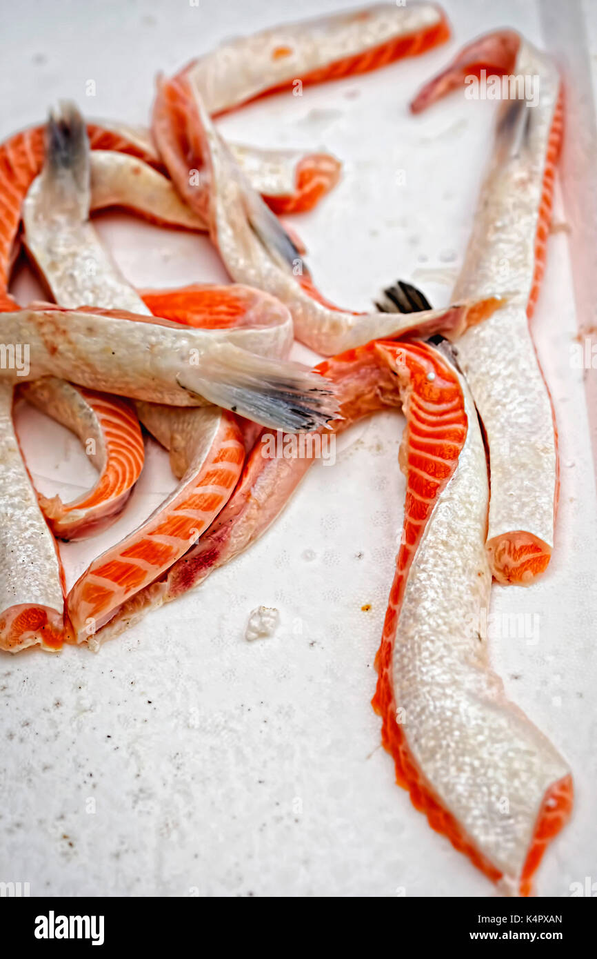 Salmon belly cuts on fish market Stock Photo - Alamy
