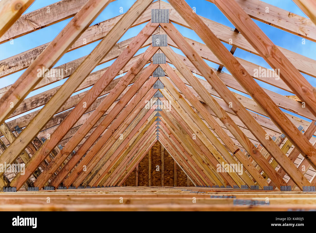 The roof truss installation is highlighted on a residential ...
