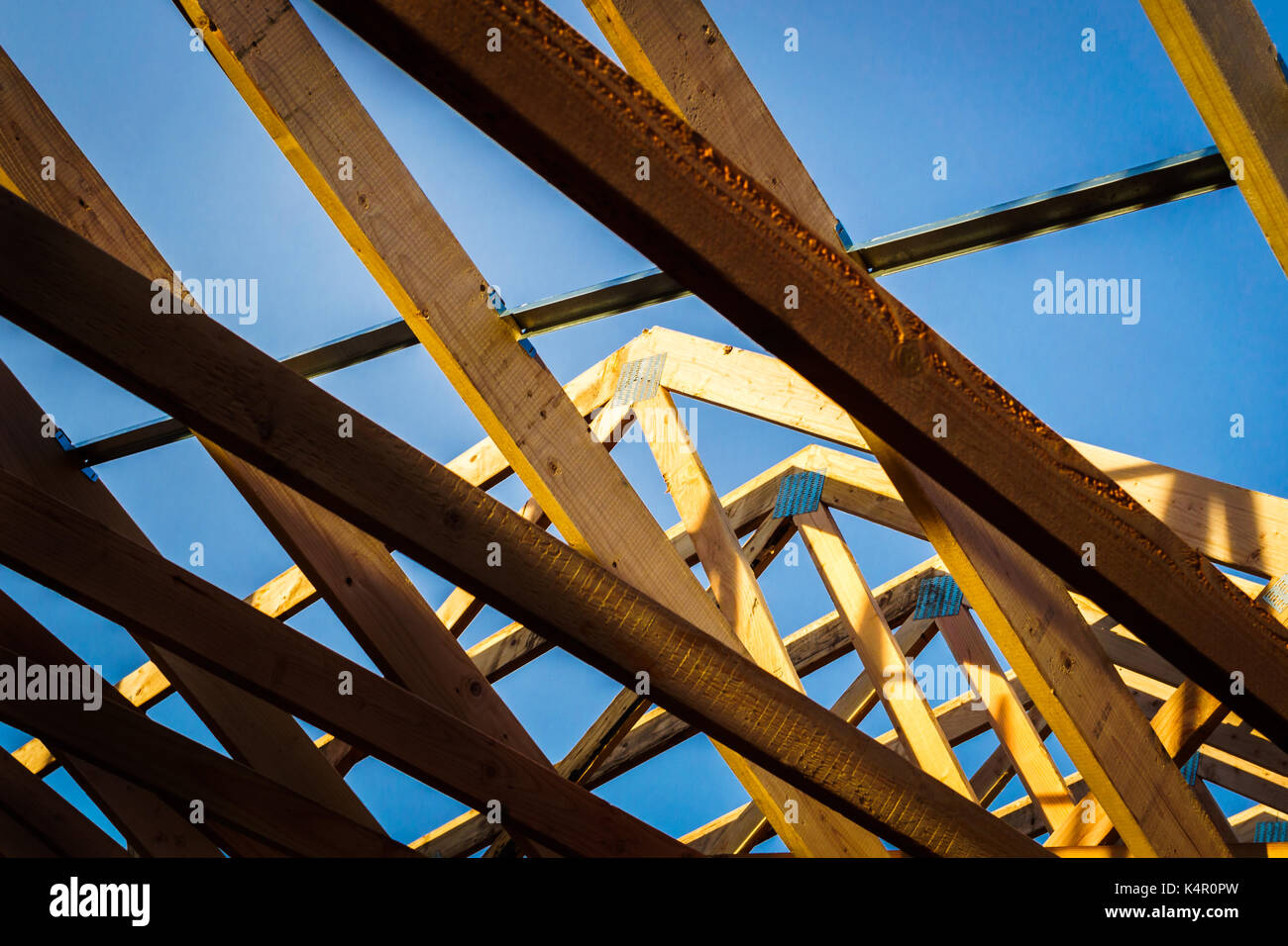 The roof truss installation is highlighted on a residential ...