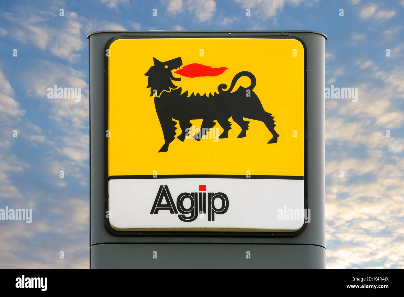 LINDEN, GERMANY JULY 2017: AGIP logo on a gas station. AGIP is an ...