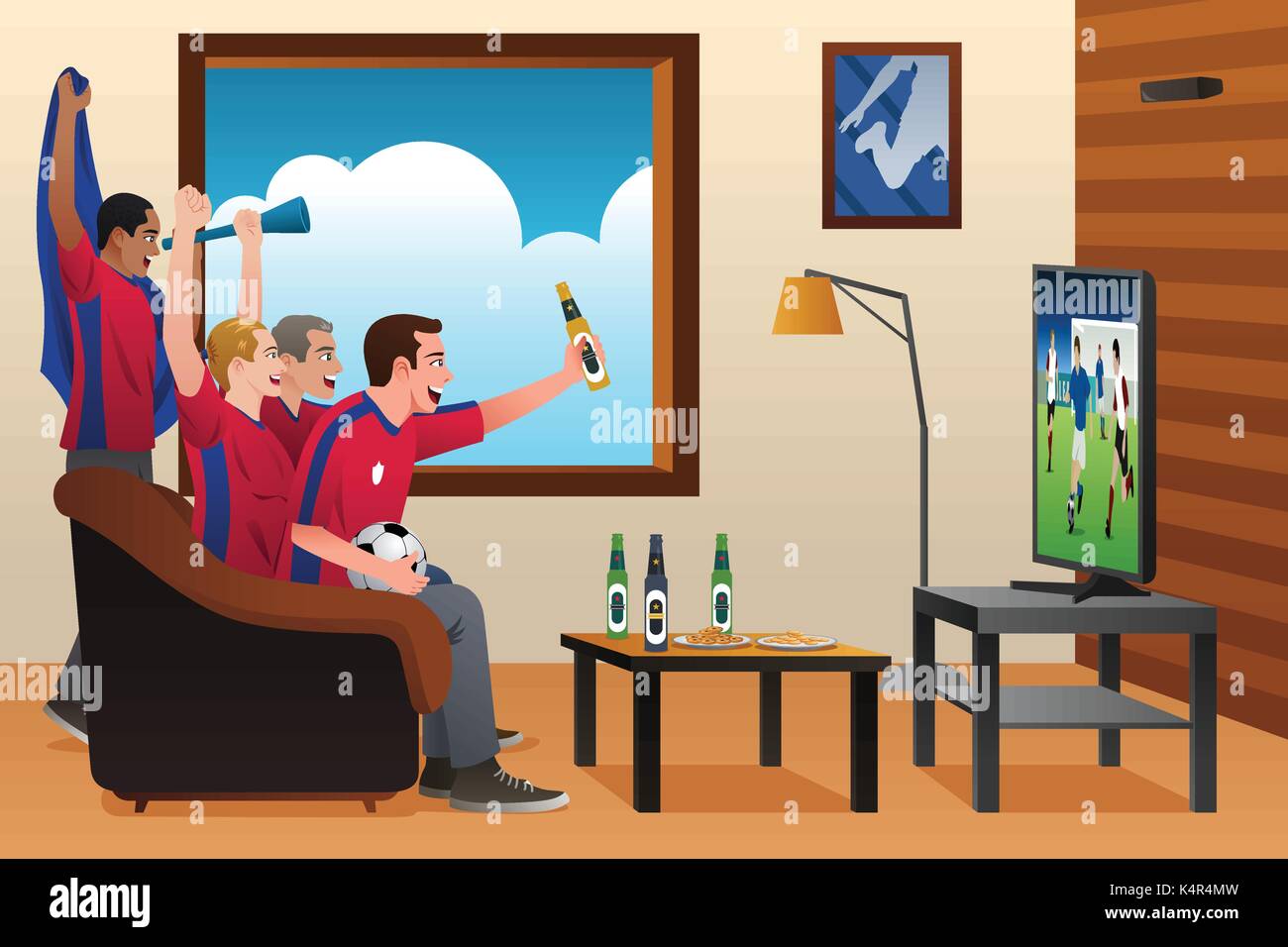 A vector illustration of soccer fans watching the game on TV Stock ...