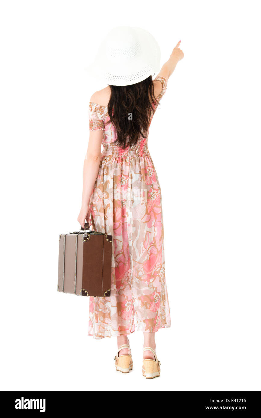 back view photo of attractive sweet female traveler making pointing ...