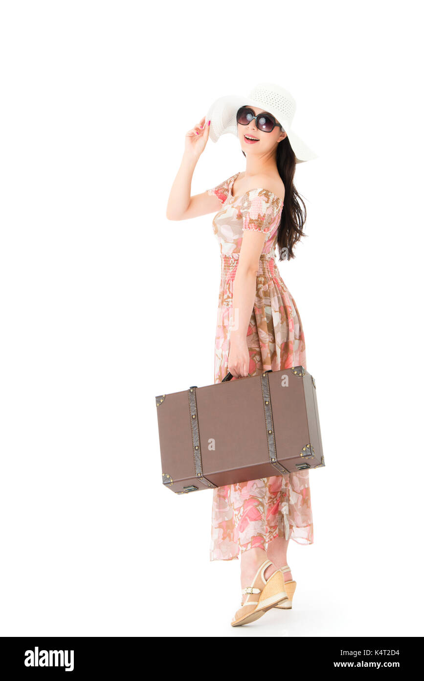 happy smiling woman turning body face to camera isolated on white ...