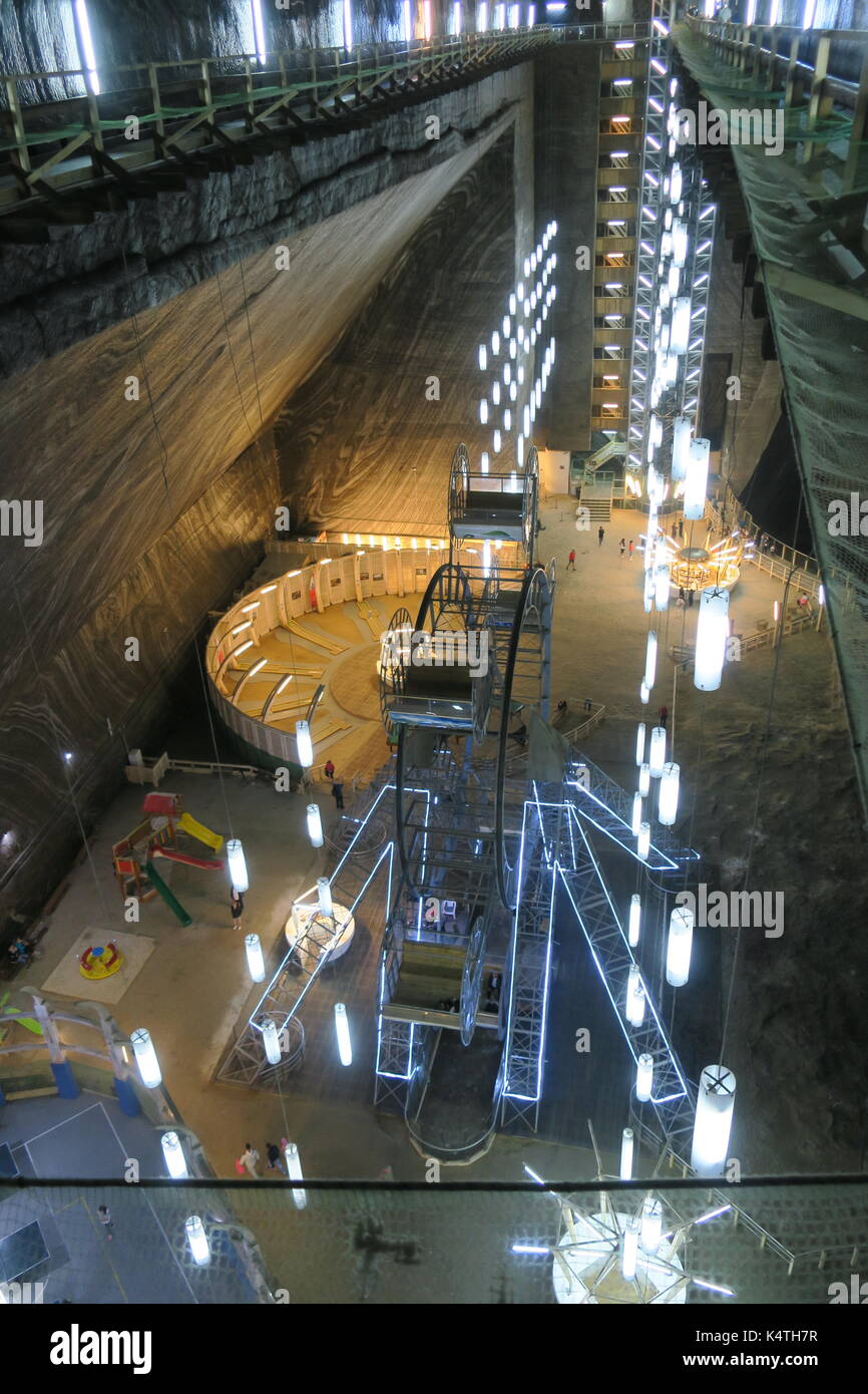 Interior of Turda salt mine, Romania. Wooden construction Stock Photo ...