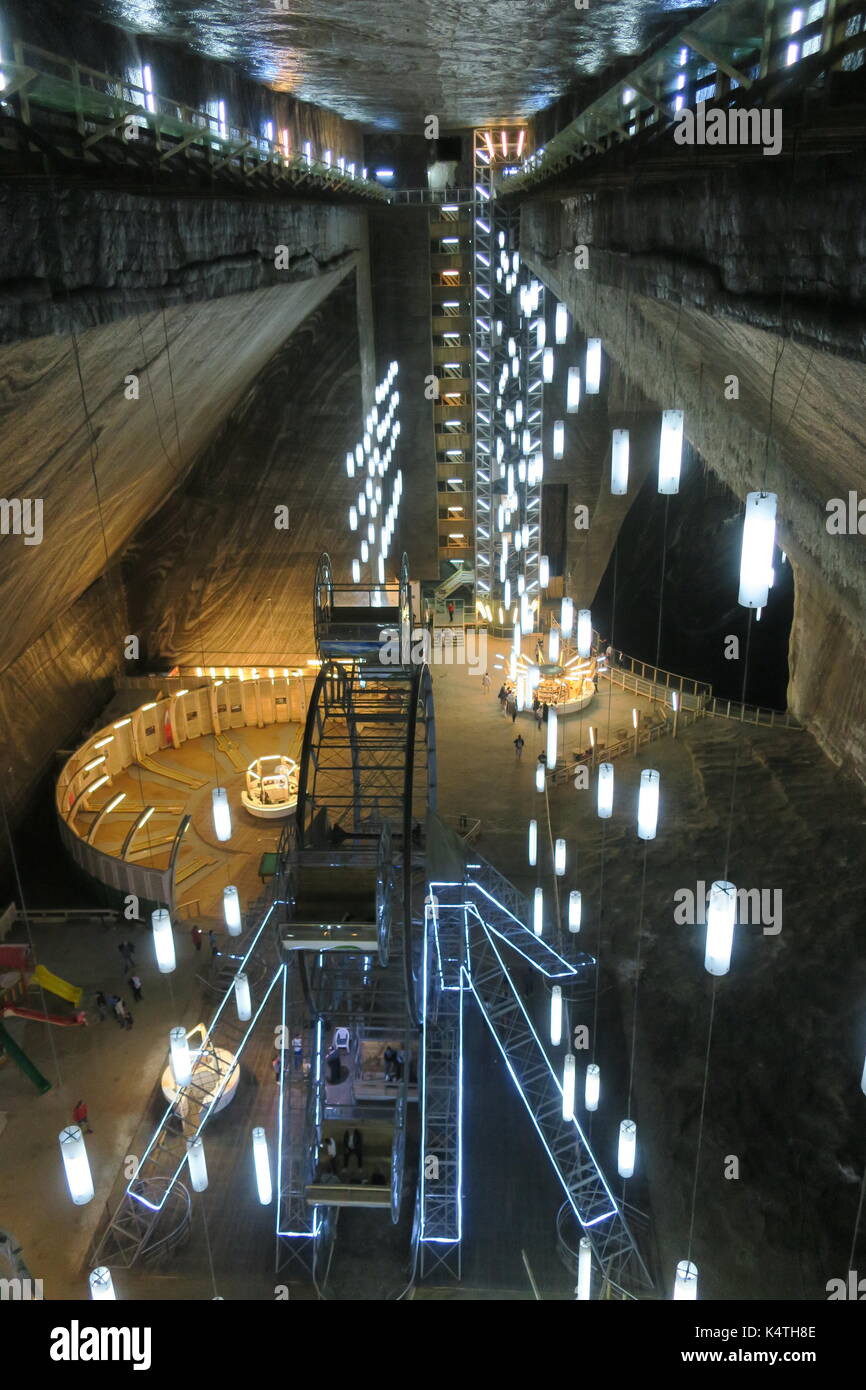 Interior of Turda salt mine, Romania. Wooden construction Stock Photo ...