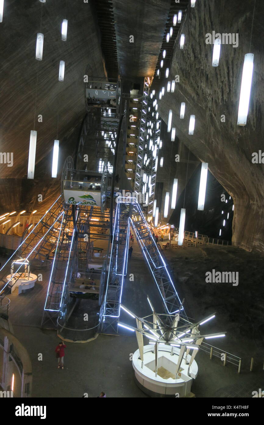 Interior of Turda salt mine, Romania. Wooden construction Stock Photo ...