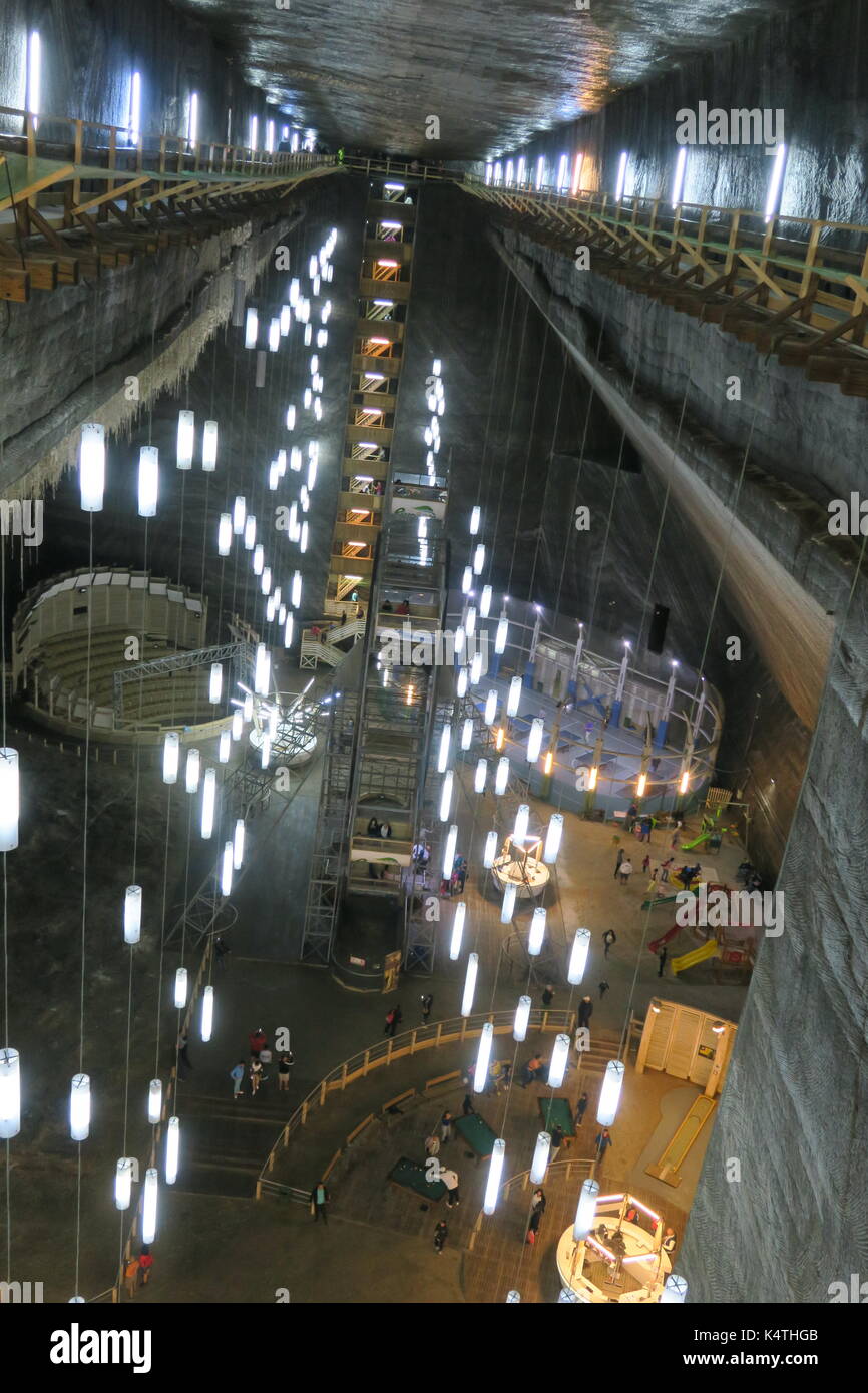Interior of Turda salt mine, Romania. Wooden construction Stock Photo ...