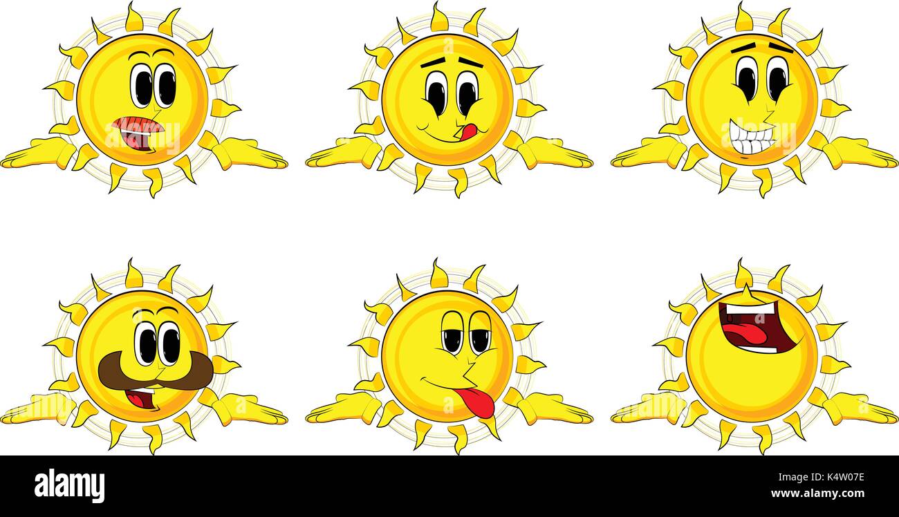 Cartoon sun shrugs shoulders expressing don't know gesture. Collection ...