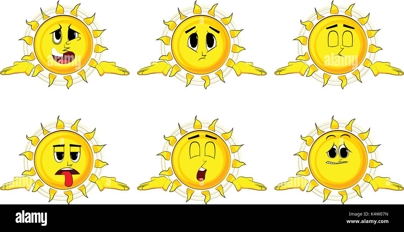 Cartoon sun shrugs shoulders expressing don't know gesture. Collection ...