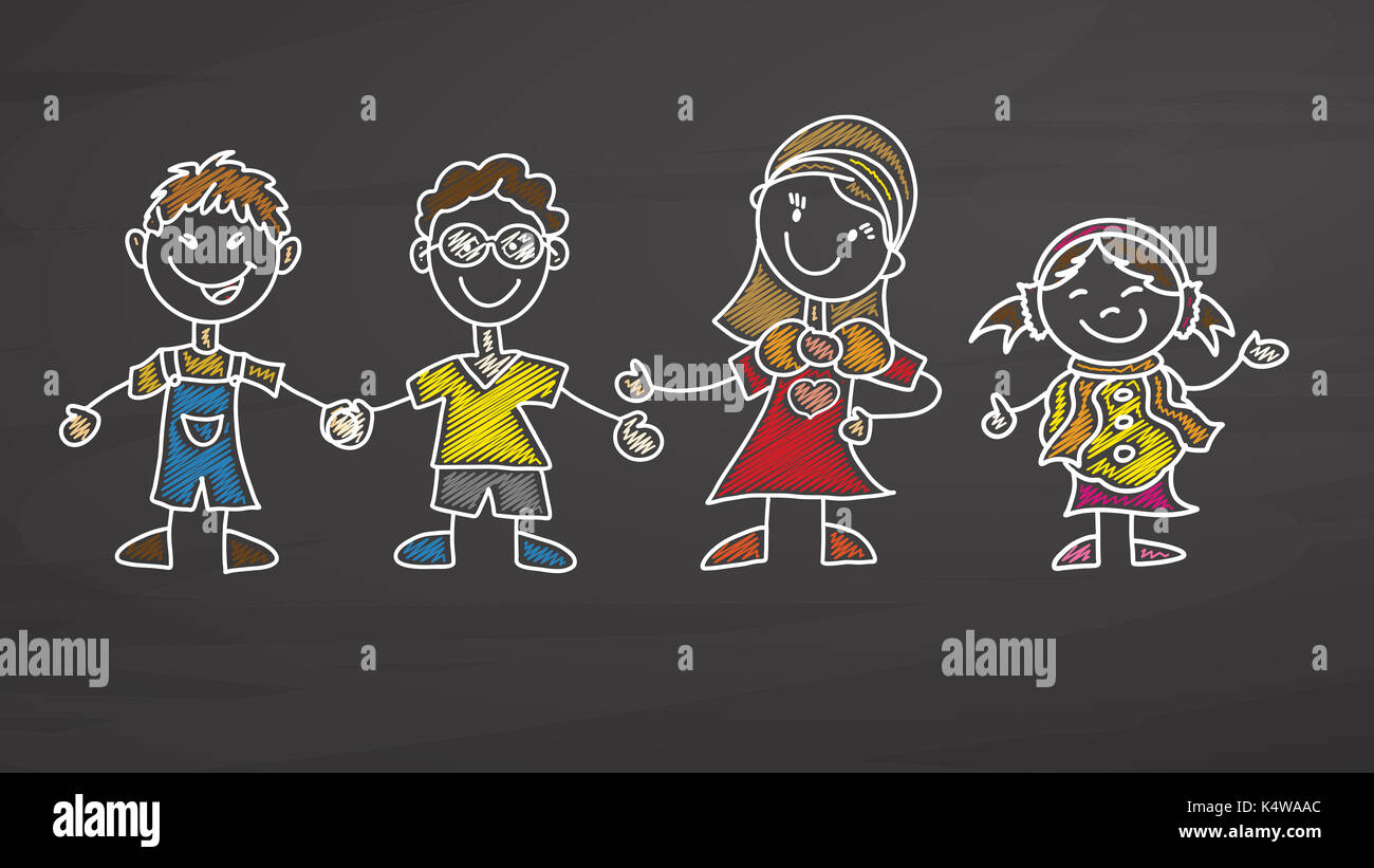 Teacher and Kids drawing on chalkboard, handdrawn vector sketch, clean ...