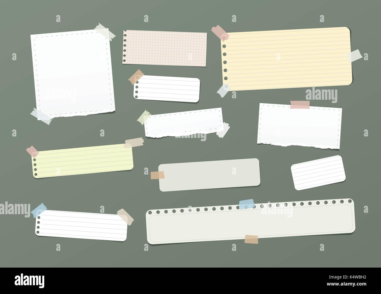 Ripped blank, ruled note, notebook, copybook paper strips stuck with ...