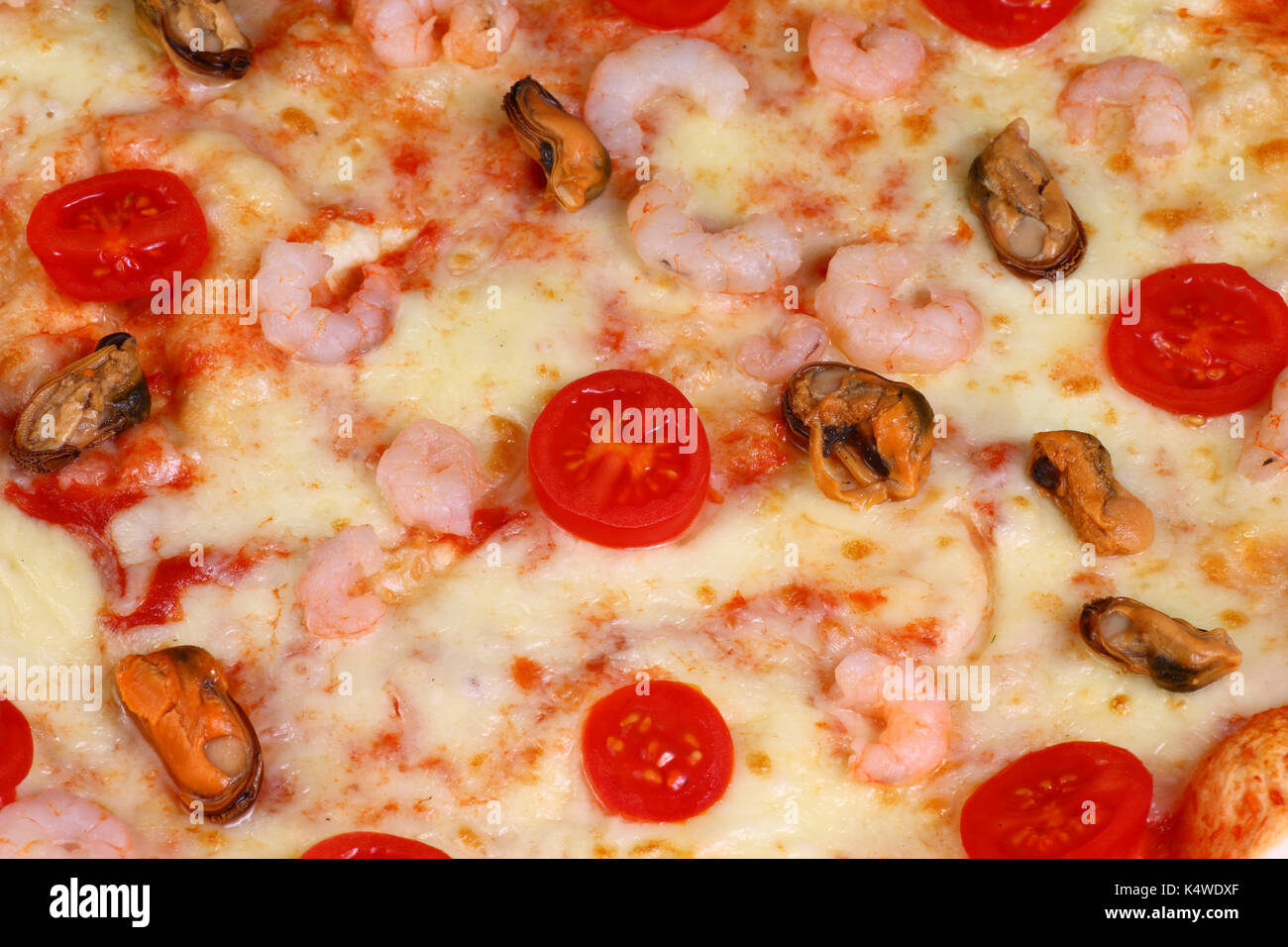 Pizza. Seafood Pizza with Shrimp, Scallops and Tomato Detail. Italian ...