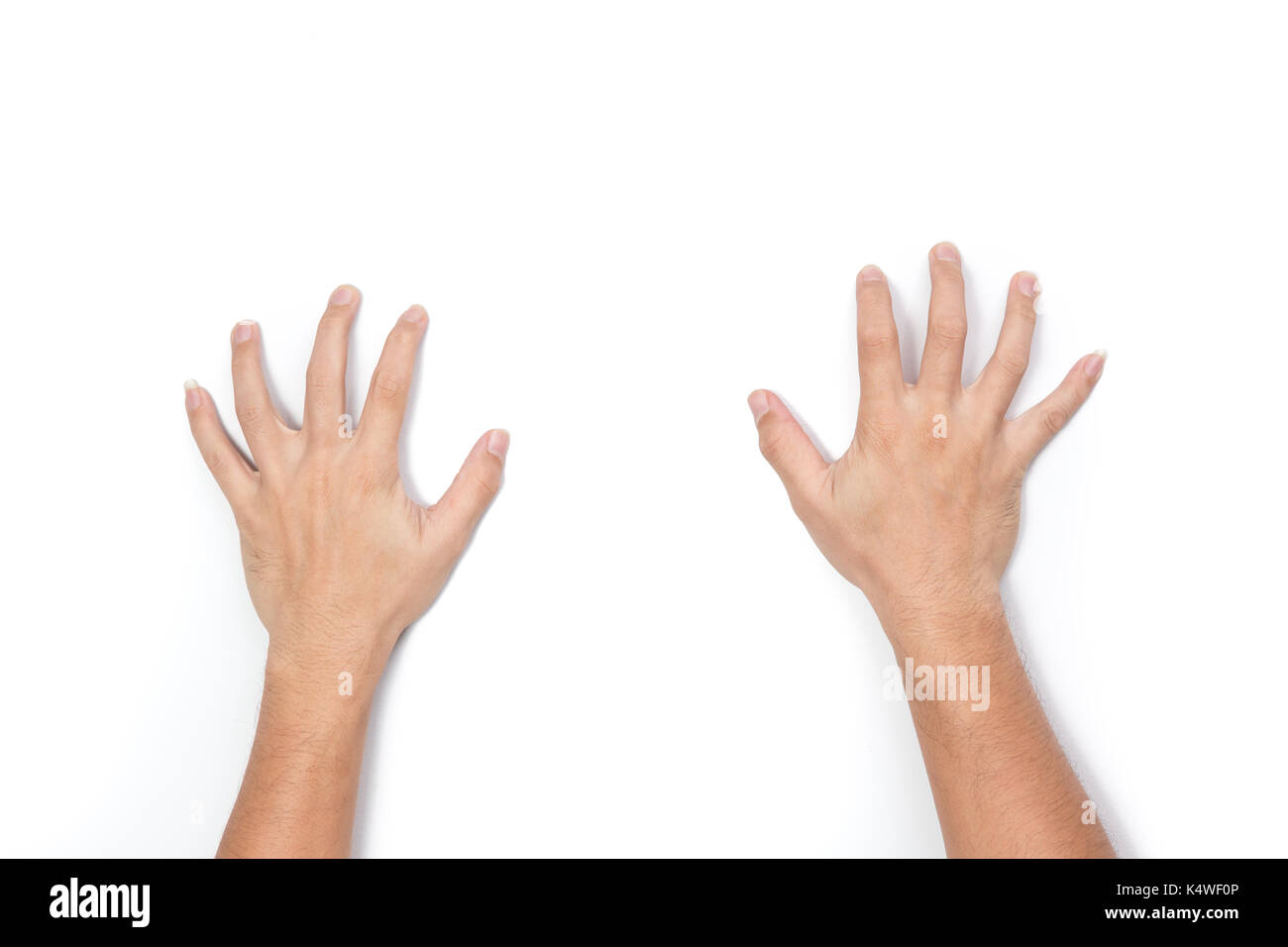 Male two hand rise scratch the wall isolated on white Stock Photo - Alamy