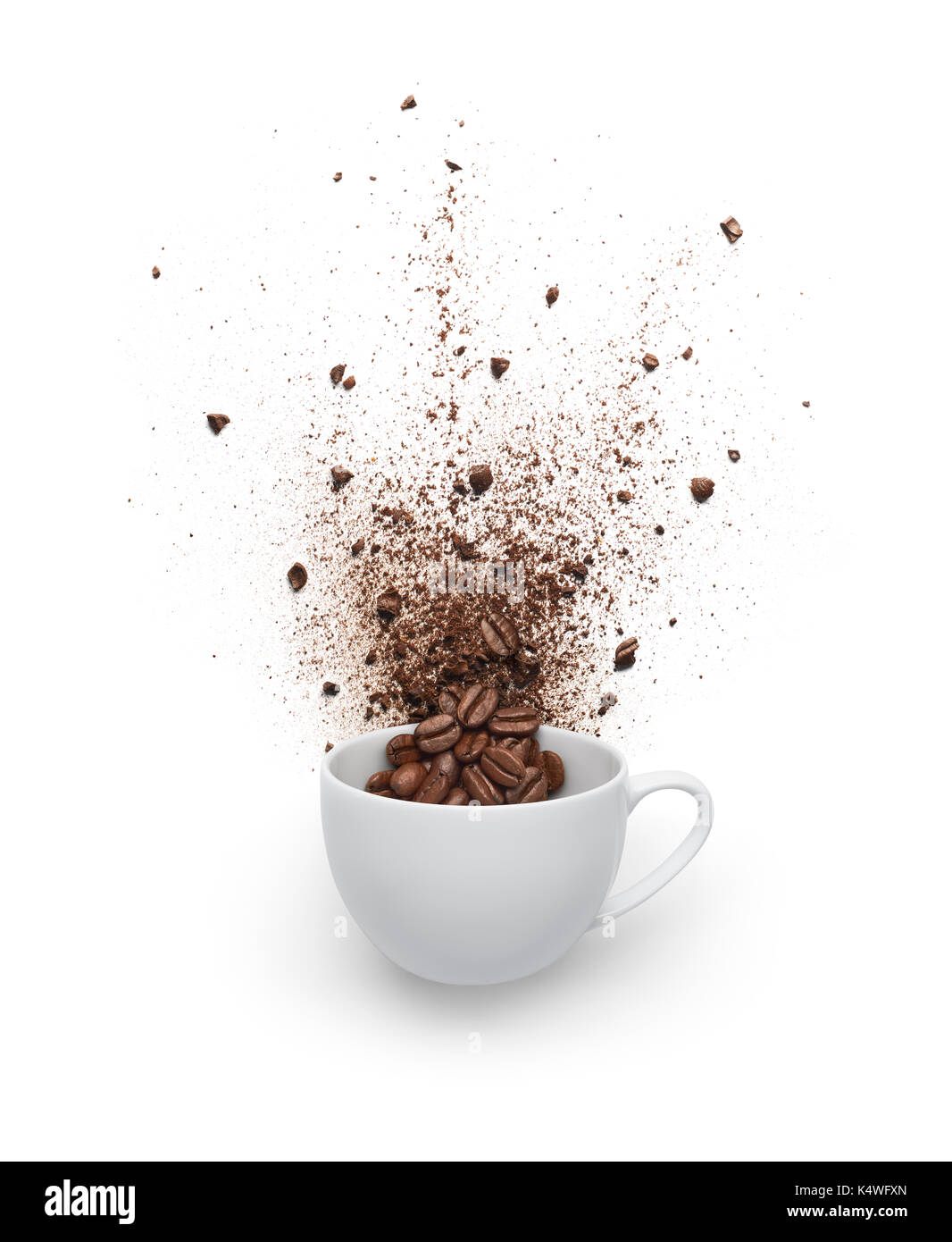 Coffee beans and powder spilled out from cup isolated on white ...