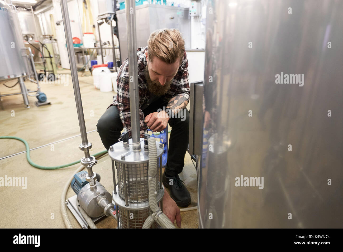 man working at craft beer brewery Stock Photo - Alamy