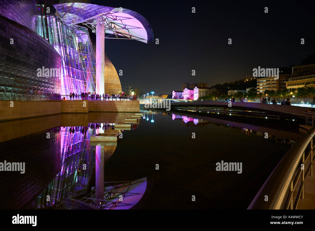 Guggenheim Museum at night with spectacular light, Bilbao, Biscay ...