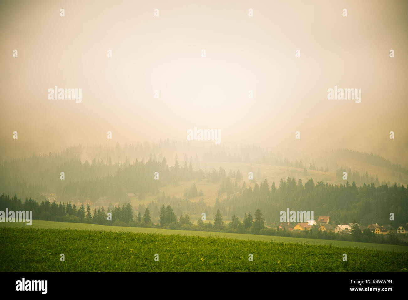 A beautiful, colorful, abstract mountain landscape with a hot summer ...