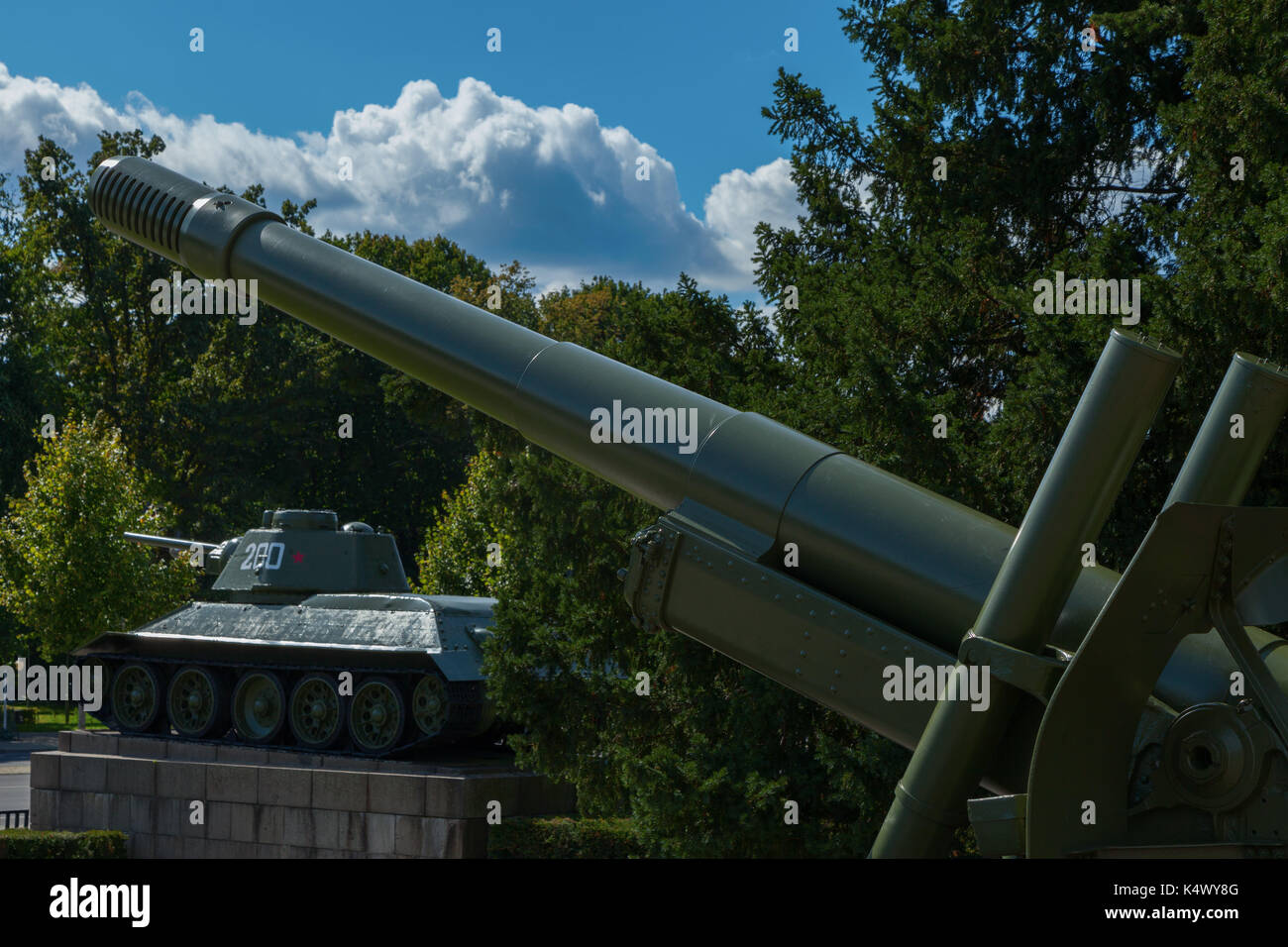 artillery gun and tank at Soviet war memorial Tiergarten Berlin Germany ...