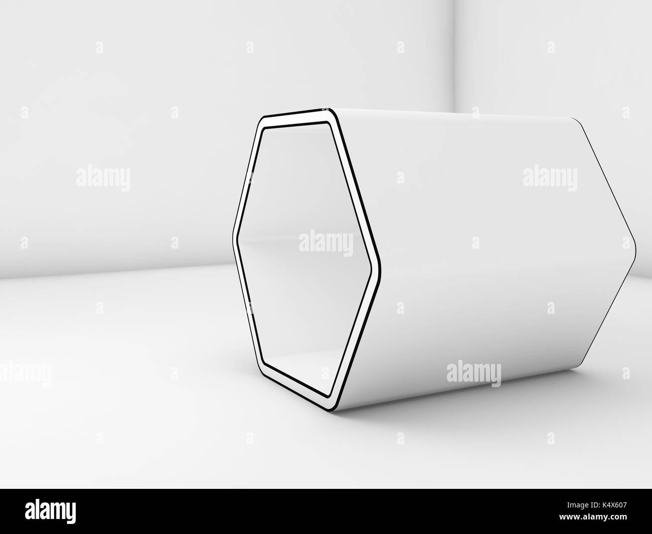 Empty white hexagonal stand with black contour stands in blank room ...