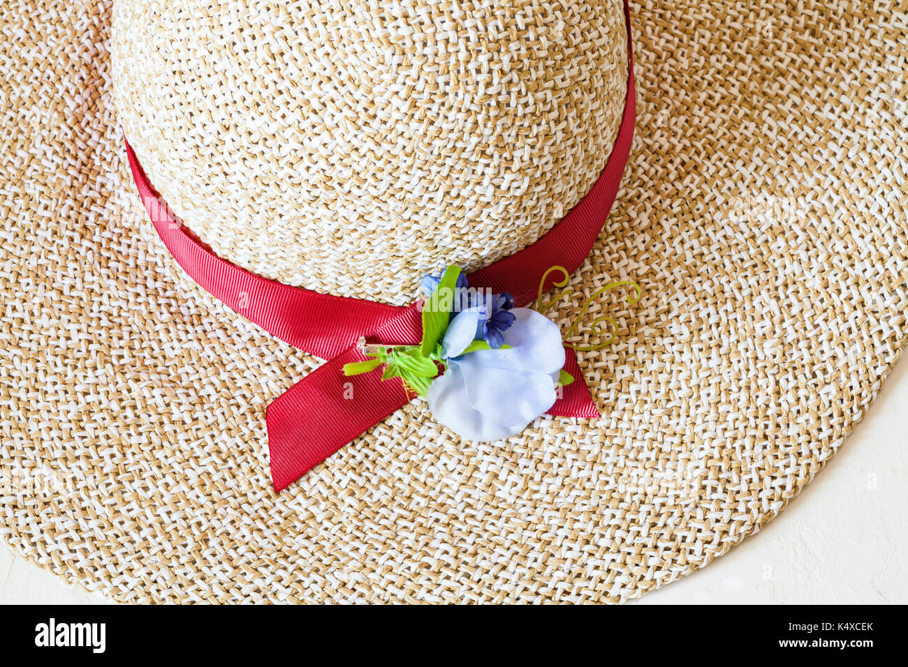 above view of ladies' wide brim straw hat with red band and textile ...
