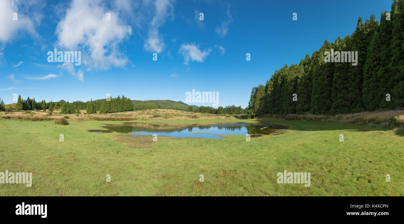 Path along the volcanic crater in Reserva Natural da Caldeira do Faial ...