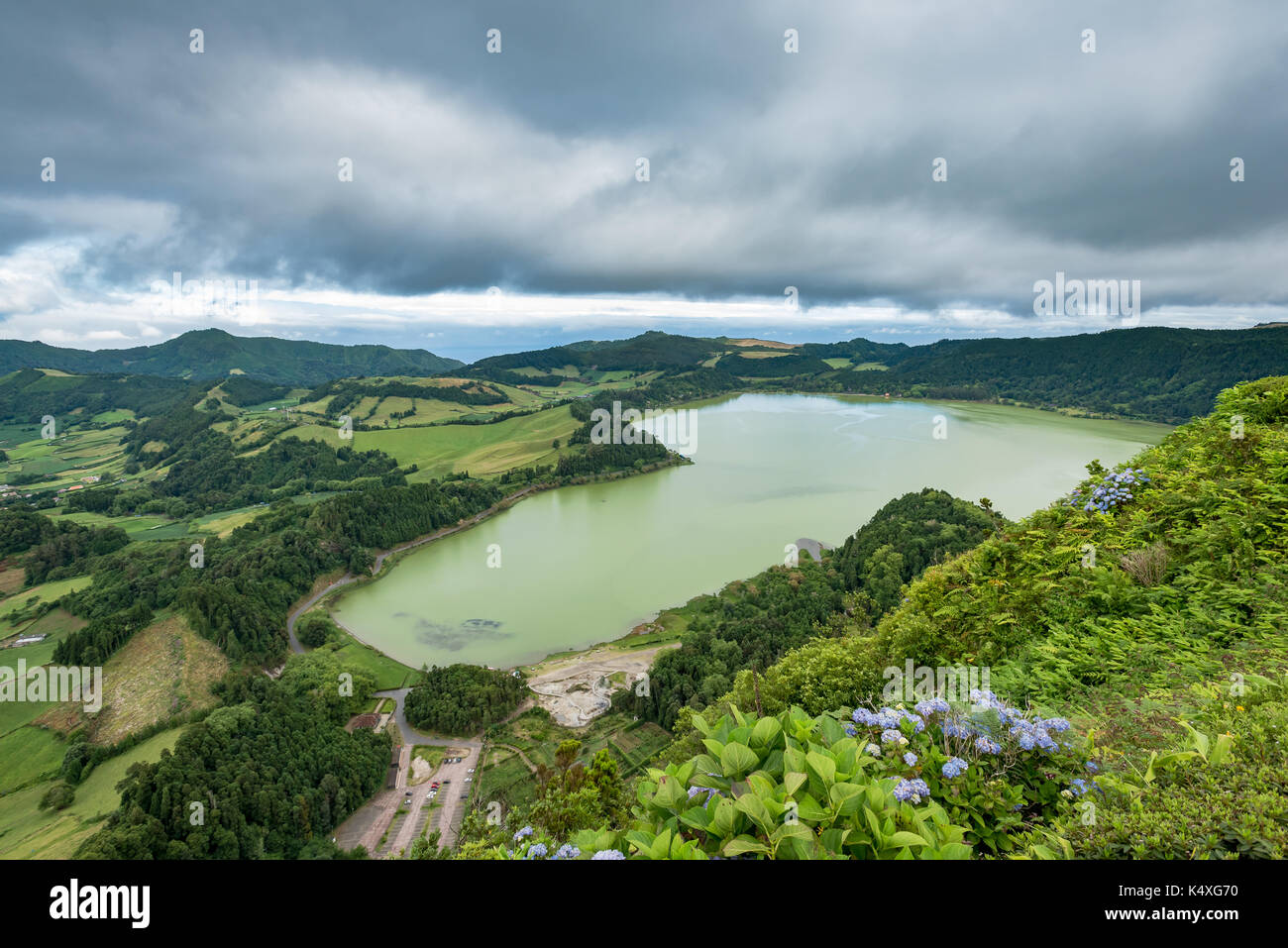 Panoramic view of Lagoa das Furnas, Church, São Miguel, Portugal Stock ...
