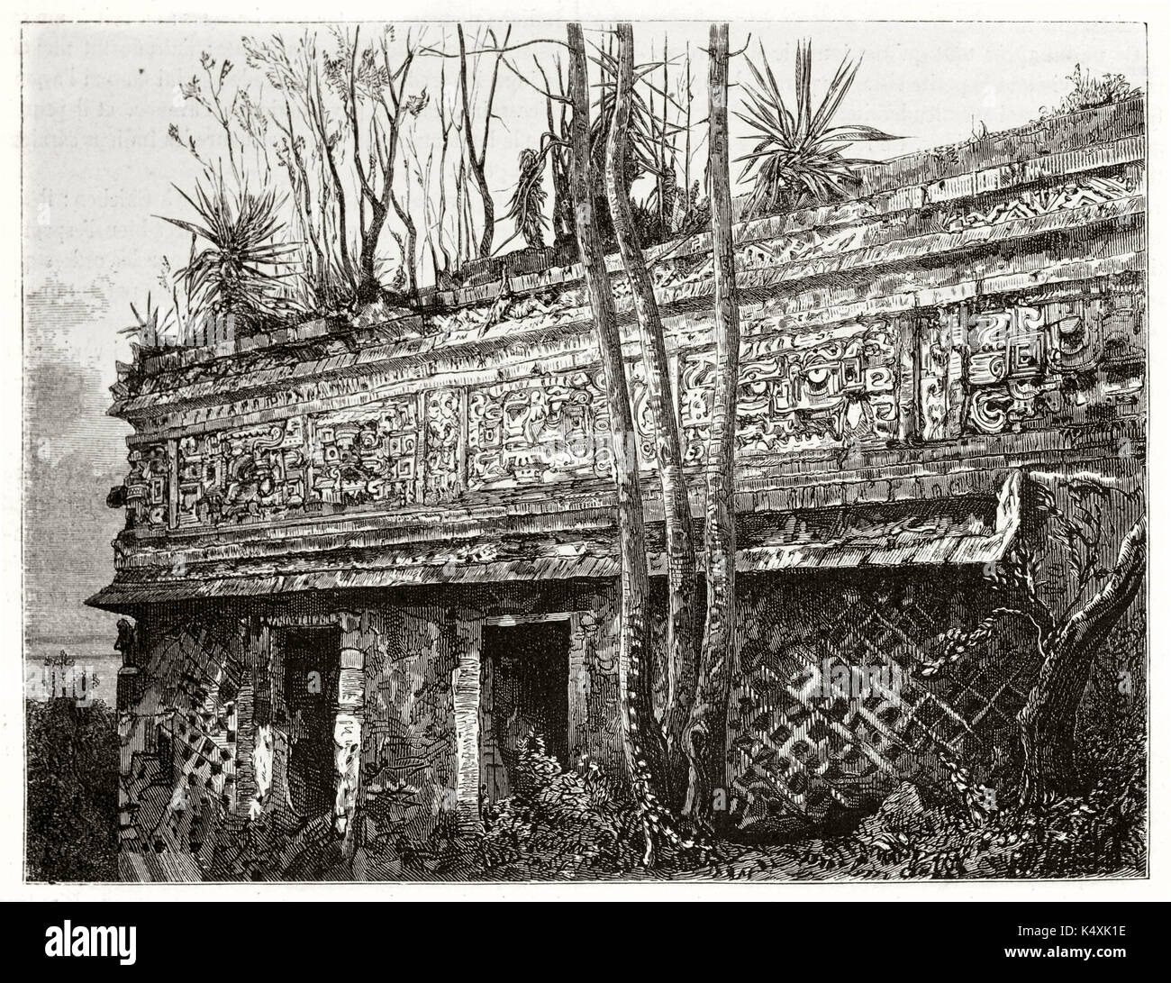 Ruins of an ancient Maya temple stone roof and vegetation growing on it ...